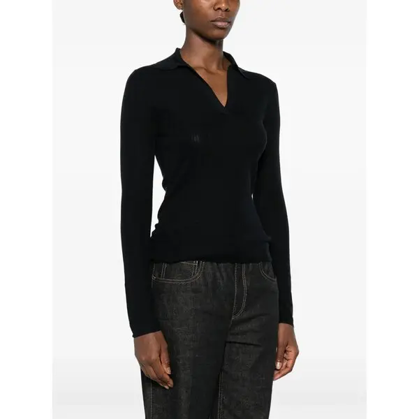Max Mara Black Ribbed Knit Polo Shirt With V-neck