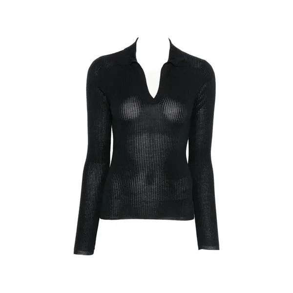 Max Mara Black Ribbed Knit Polo Shirt With V-neck - Multicolor