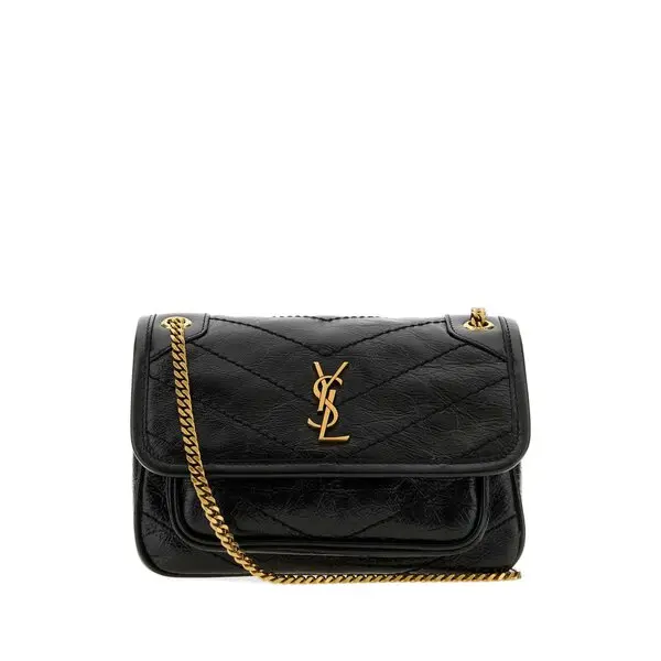 Saint Laurent Crinkled Leather Chevron Quilted Shoulder Bag - Black