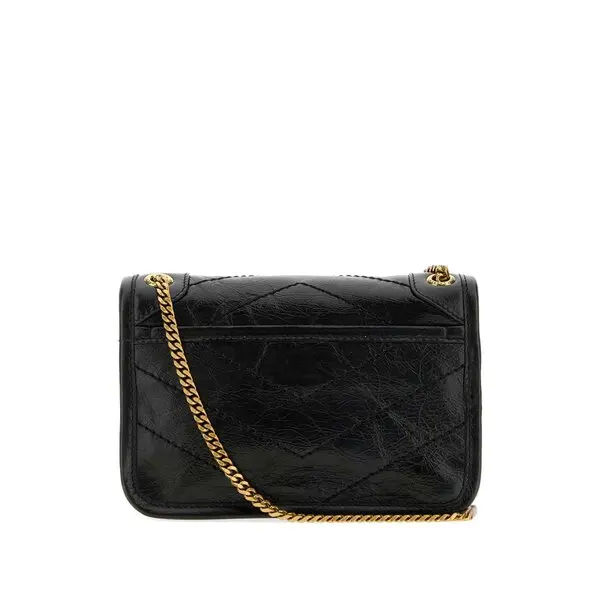 Saint Laurent Crinkled Leather Chevron Quilted Shoulder Bag - Black
