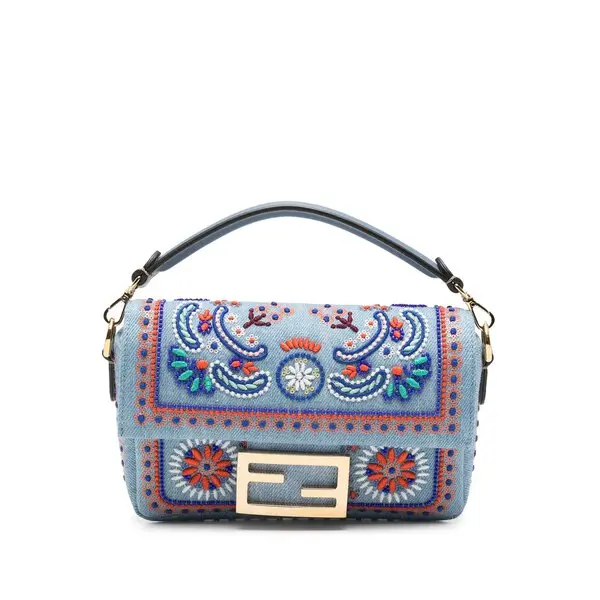 Fendi Embroidered Denim Baguette Bag