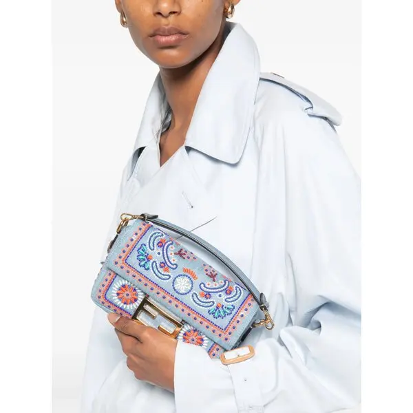 Fendi Embroidered Denim Baguette Bag