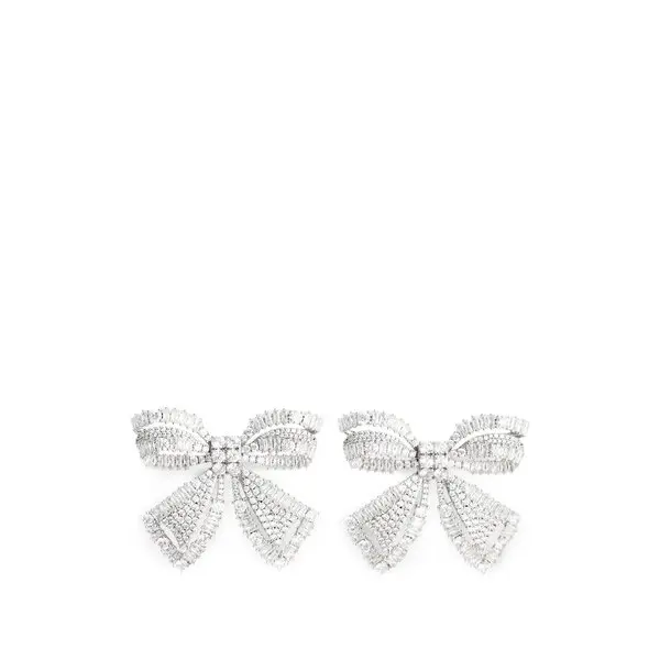 SELF-PORTRAIT Crystal Embellishment Bow Motif Earrings - Silver