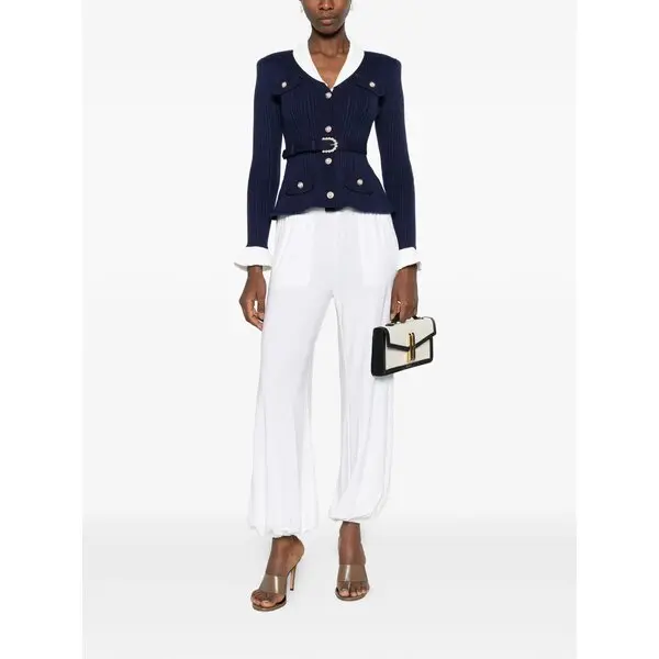 SELF-PORTRAIT Ribbed Knit Contrasting Collar V-neck Cardigan With Pearl Embellishments - Blue