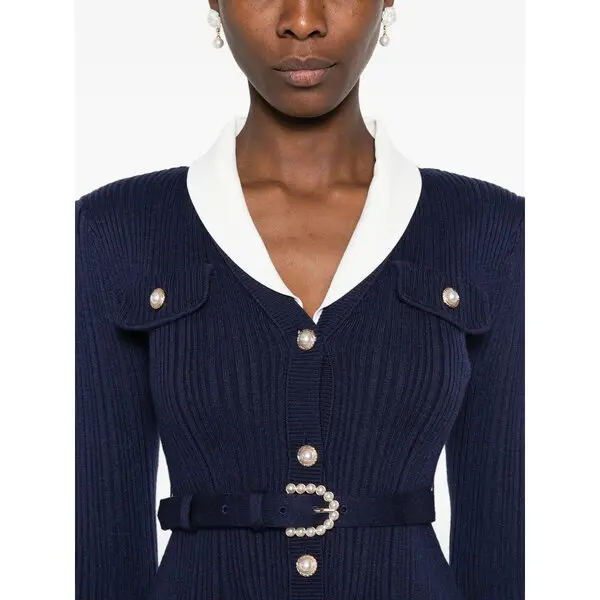 SELF-PORTRAIT Ribbed Knit Contrasting Collar V-neck Cardigan With Pearl Embellishments - Blue