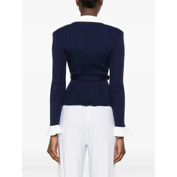 SELF-PORTRAIT Ribbed Knit Contrasting Collar V-neck Cardigan With Pearl Embellishments - Blue