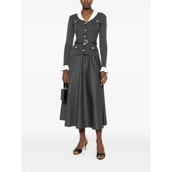 SELF-PORTRAIT Grey Ribbed-knit V-neck Day Dress With Faux-pearl Embellishments