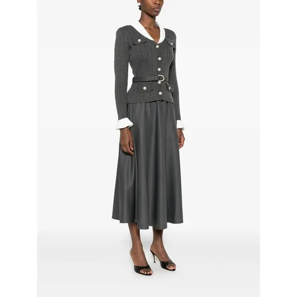 SELF-PORTRAIT Grey Ribbed-knit V-neck Day Dress With Faux-pearl Embellishments