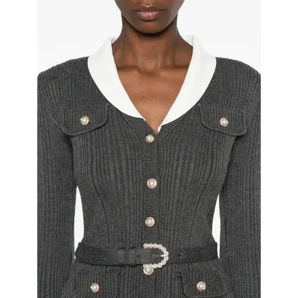 SELF-PORTRAIT Grey Ribbed-knit V-neck Day Dress With Faux-pearl Embellishments