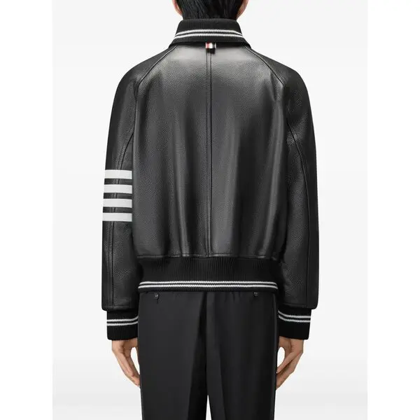 Thom Browne Leather Bomber Jacket With 4-bar Stripe