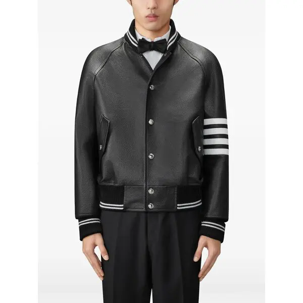 Thom Browne Leather Bomber Jacket With 4-bar Stripe