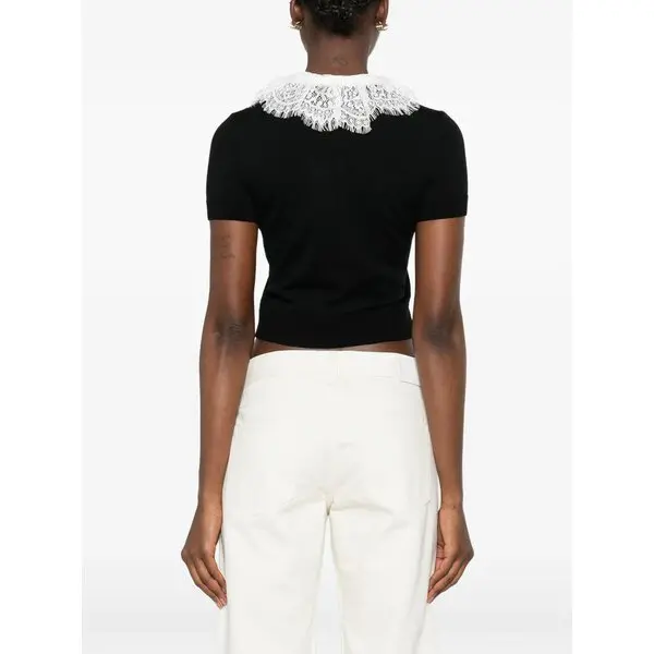 SELF-PORTRAIT Cropped Knit Polo Top With Lace Collar And Embellished Buttons