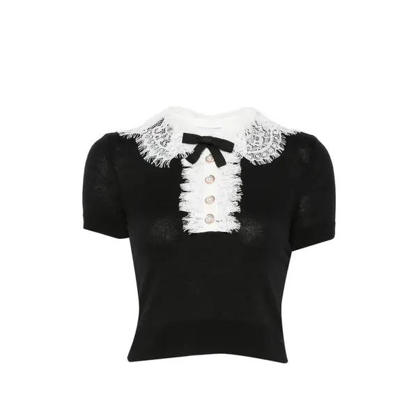 SELF-PORTRAIT Cropped Knit Polo Top With Lace Collar And Embellished Buttons - Black