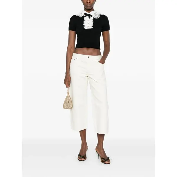 SELF-PORTRAIT Cropped Knit Polo Top With Lace Collar And Embellished Buttons - Black