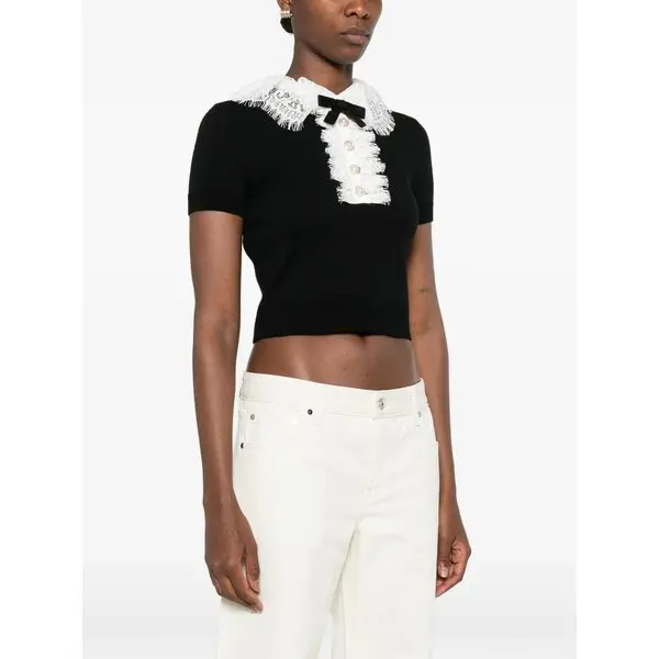 SELF-PORTRAIT Cropped Knit Polo Top With Lace Collar And Embellished Buttons - Black