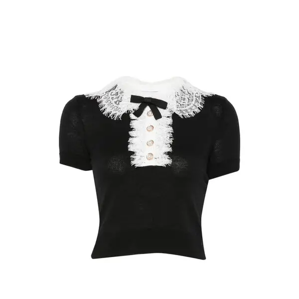 SELF-PORTRAIT Cropped Knit Polo Top With Lace Collar And Embellished Buttons - Gray