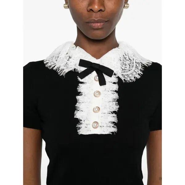 SELF-PORTRAIT Cropped Knit Polo Top With Lace Collar And Embellished Buttons - Gray