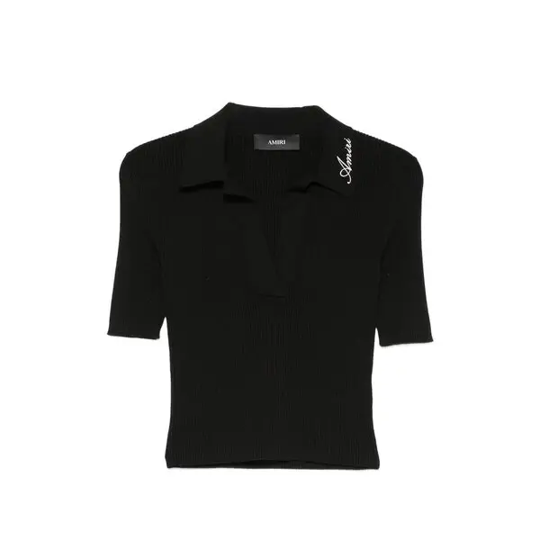 Amiri Ribbed Knit Short Sleeve Polo Top With Logo Embroidery - Black