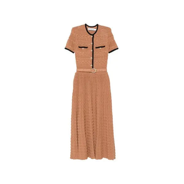 SELF-PORTRAIT Pointelle-knit Belted Midi Dress - Brown