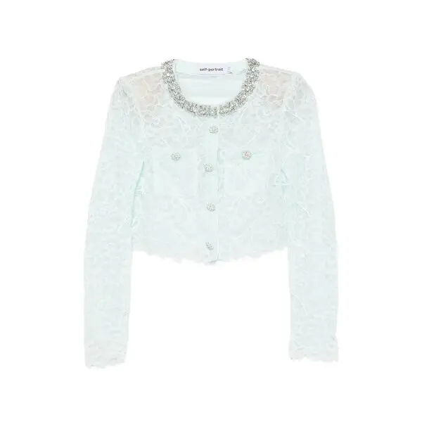 SELF-PORTRAIT Cropped Lace Jacket With Crystal Embellishment - Green