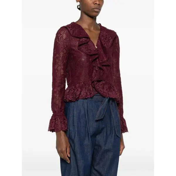 SELF-PORTRAIT Burgundy Floral Lace Ruffled V-neck Blouse - Red