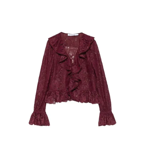 SELF-PORTRAIT Burgundy Floral Lace Ruffled V-neck Blouse - Red