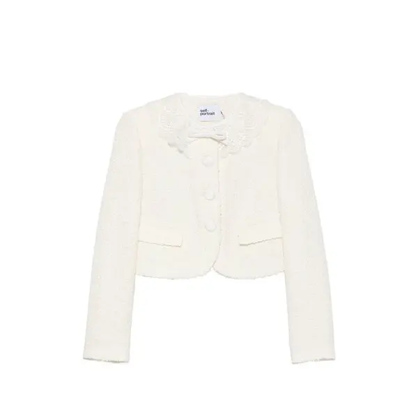 SELF-PORTRAIT Cropped Tweed Jacket With Lace Trim - Cream