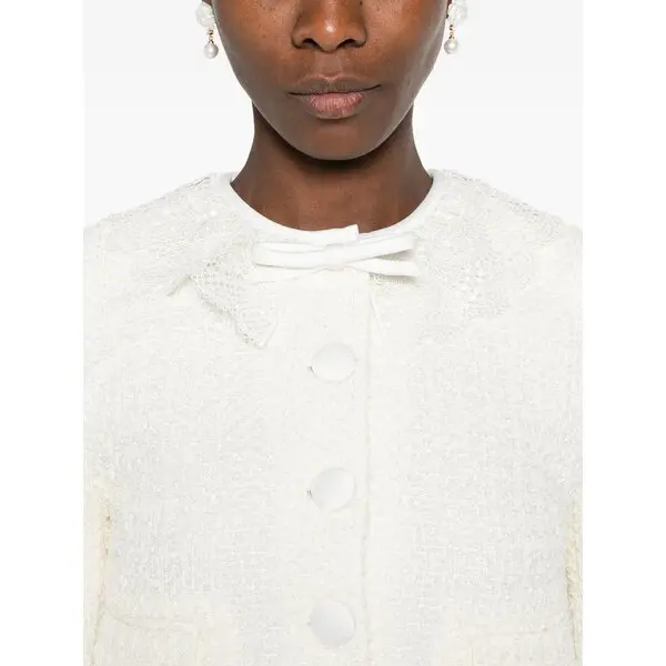 SELF-PORTRAIT Cropped Tweed Jacket With Lace Trim - Cream