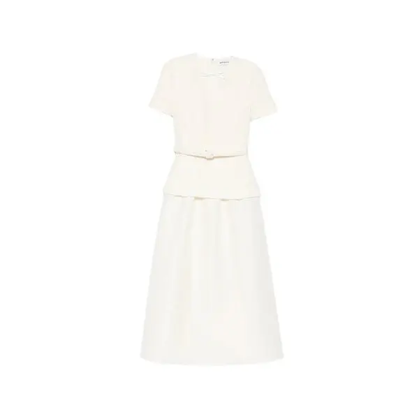 SELF-PORTRAIT Bouclé-knit Dress With Lace Collar And Peplum Hem - Cream