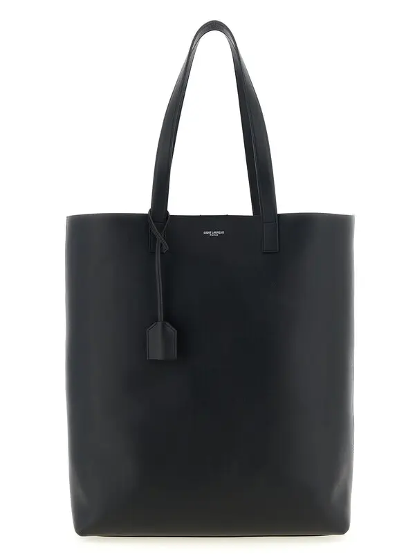 Saint Laurent Calfskin Leather Shopping Bag With Logo Print - Black