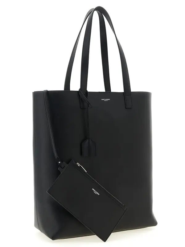 Saint Laurent Calfskin Leather Shopping Bag With Logo Print - Black