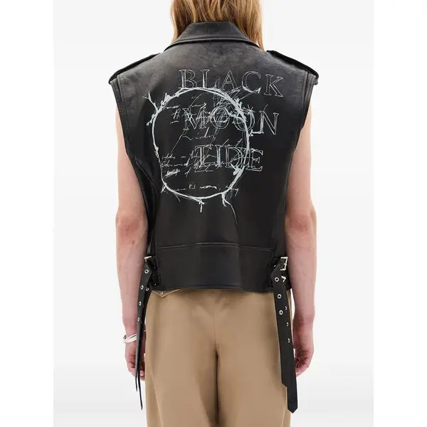 ANN DEMEULEMEESTER Grained Leather Sleeveless Biker Jacket With Graphic Print