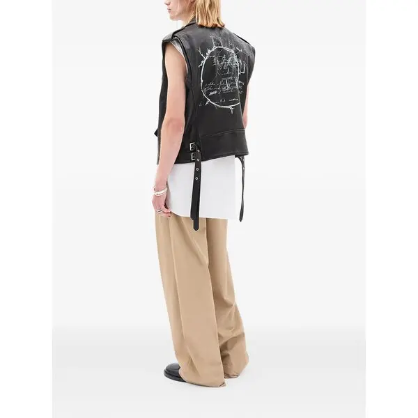 ANN DEMEULEMEESTER Grained Leather Sleeveless Biker Jacket With Graphic Print