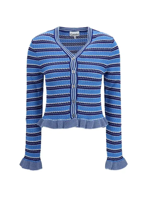 GANNI Striped Cotton Cardigan With Puff Cuffs - Blue
