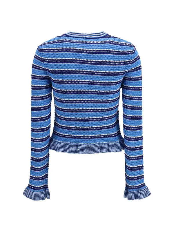 GANNI Striped Cotton Cardigan With Puff Cuffs - Blue