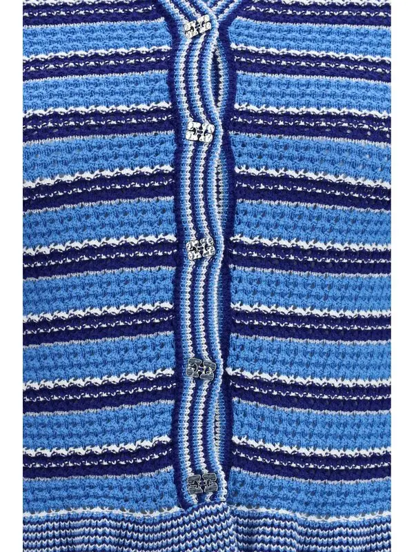 GANNI Striped Cotton Cardigan With Puff Cuffs - Blue