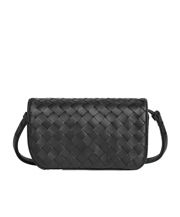 Bottega Veneta Intrecciato Foldover Top Shoulder Bag - Black/space