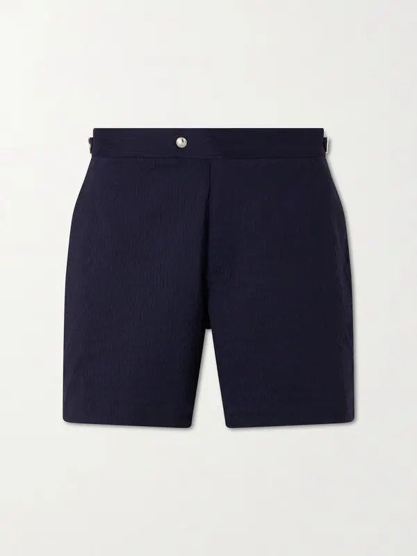 Mr P. Straight-leg Seersucker Swim Shorts - Blue