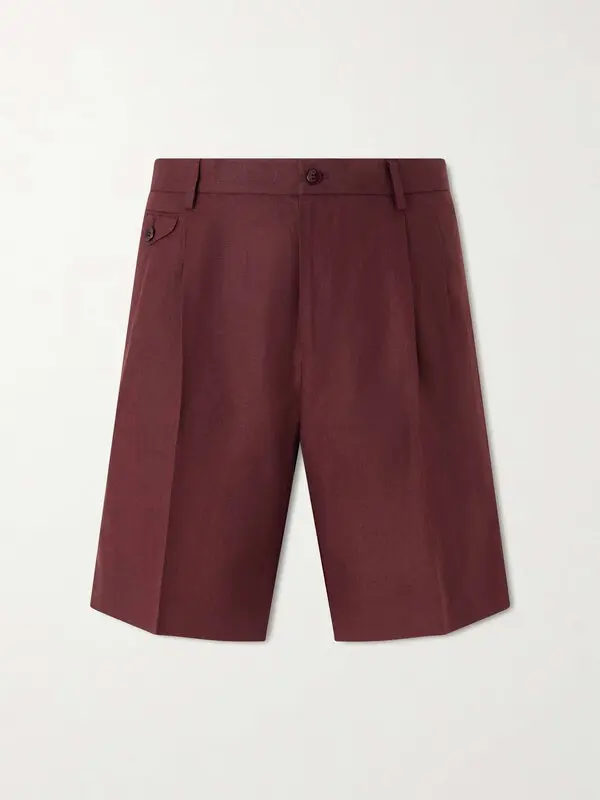 Dolce & Gabbana Maiolica Corallo Straight-leg Pleated Linen Shorts - Burgundy