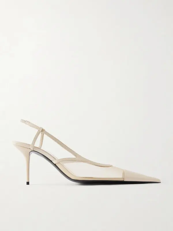 Saint Laurent Renée Patent Leather-trimmed Mesh Slingback Pumps - Neutrals