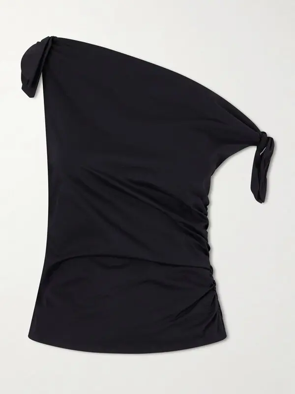 Staud Bellaria Asymmetric Knot Detail Poplin Top - Black