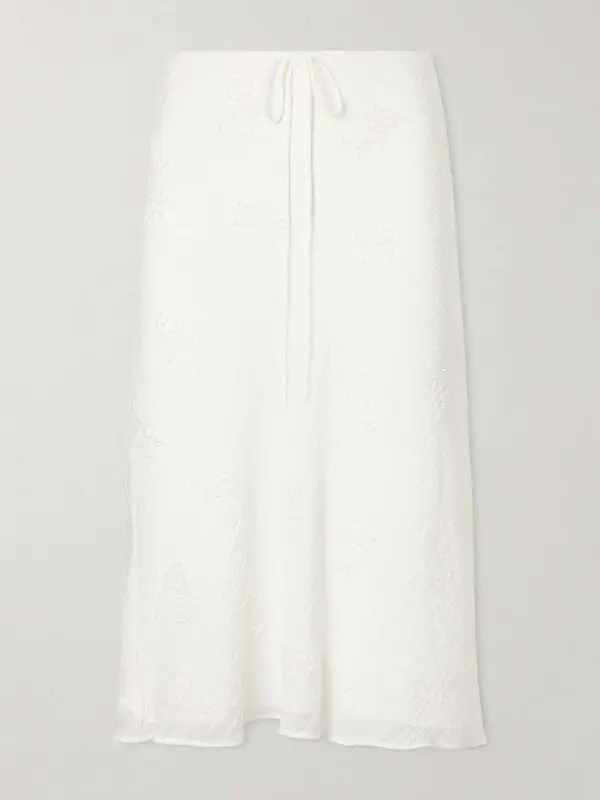 Staud Lucia Bead-embellished Crinkled Modal-blend Organza Midi Skirt - White