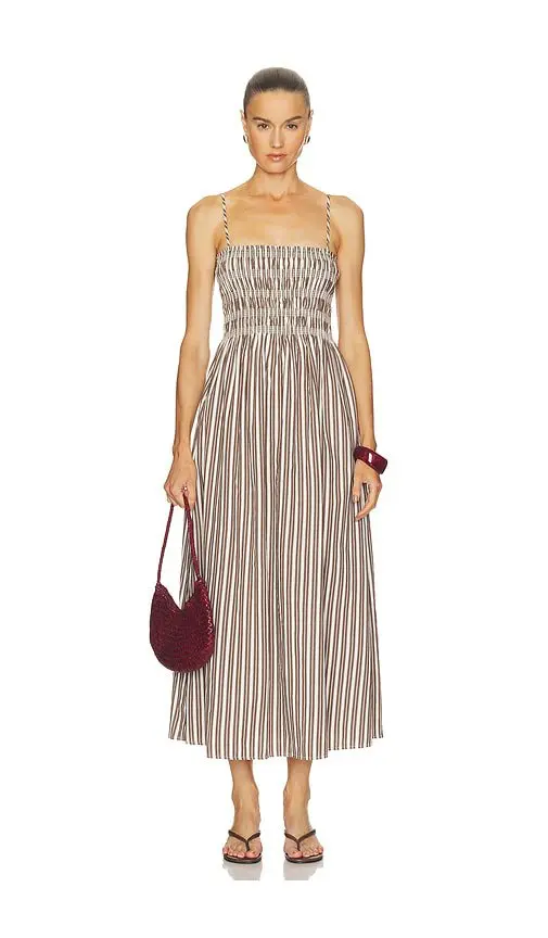 PISTOLA Bianca Shirred Midi Dress With Vertical Stripes