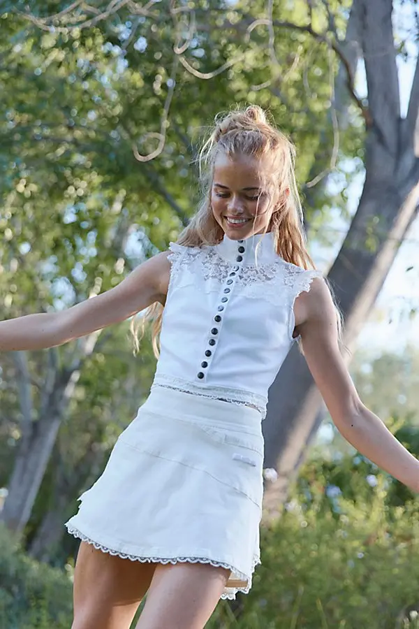 Free People Pull-on Skort With Lace Trim And Pleated Bustle - White