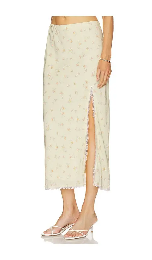 LoveShackFancy Silvia Floral Print Lace Trim Midi Skirt - Yellow
