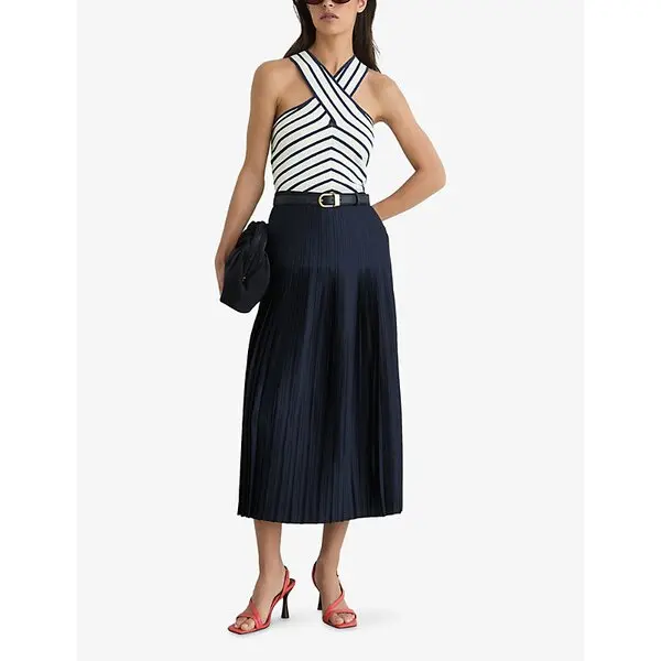 REISS Savannah Pleated Satin Midi Skirt
