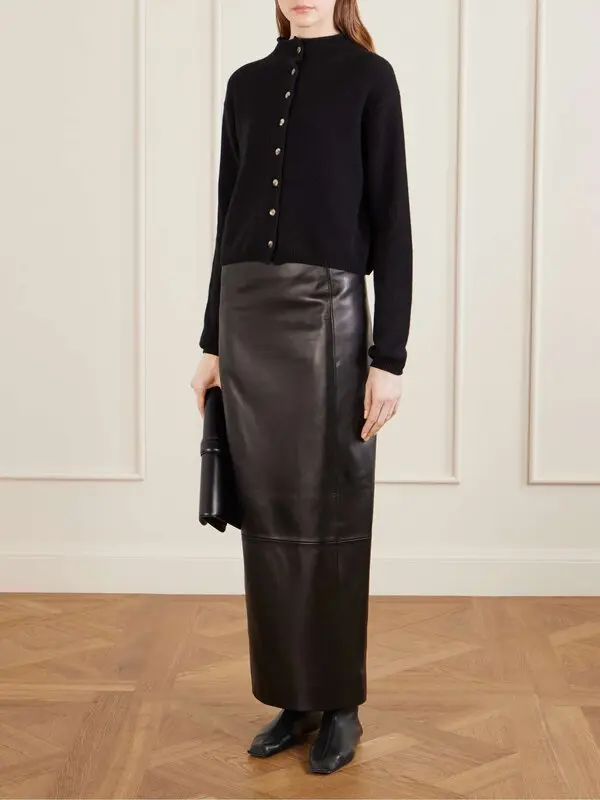 Khaite Leather Midi Skirt - Black