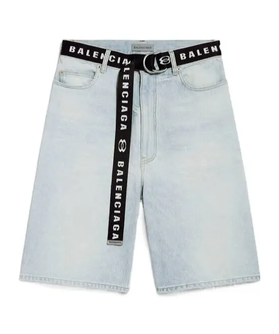 Balenciaga Logo Belt Denim Shorts - Light Blue