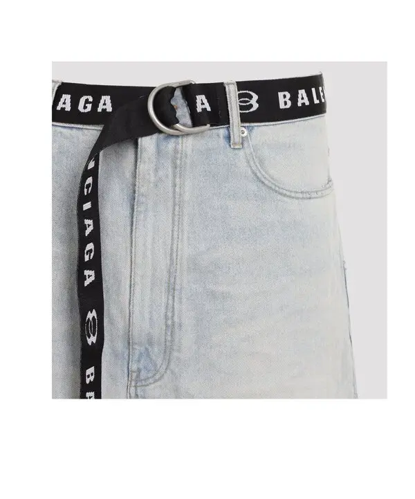 Balenciaga Logo Belt Denim Shorts - Light Blue