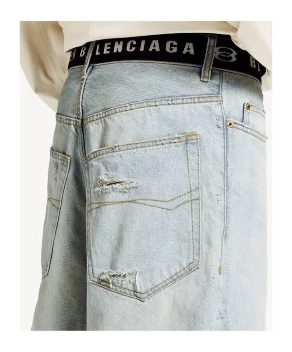 Balenciaga Logo Belt Denim Shorts - Light Blue